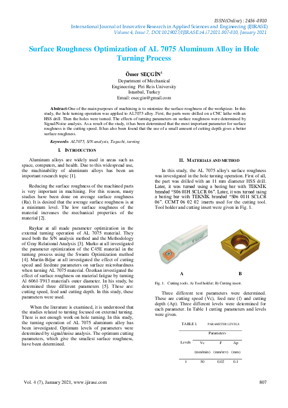 (PDF) Surface Roughness Optimization of AL 7075 Aluminum Alloy in Hole Turning Process