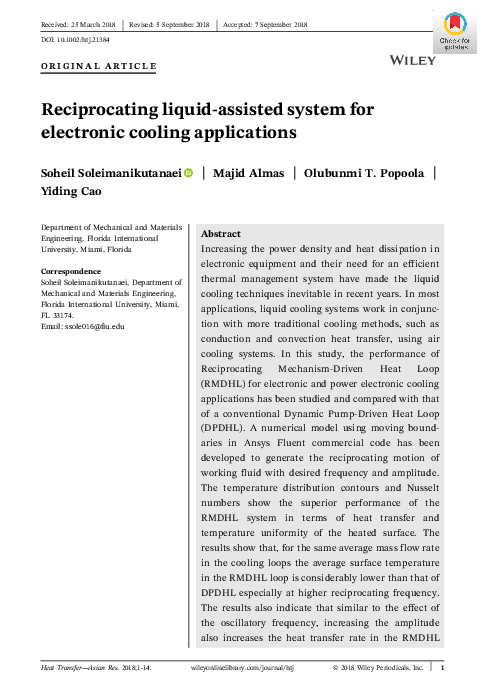 (PDF) Reciprocating liquid‐assisted system for electronic cooling applications