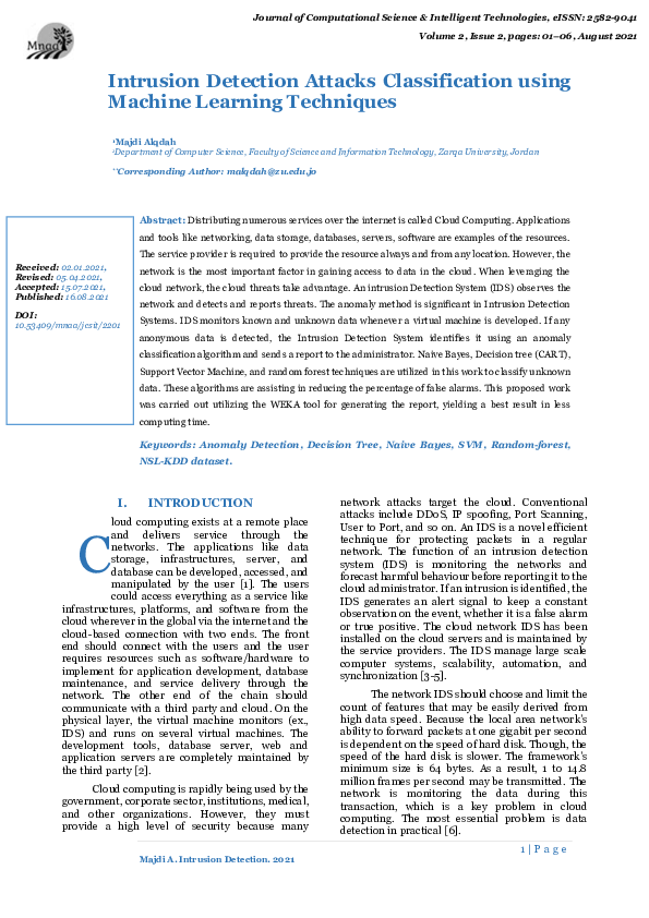 Pdf Intrusion Detection Attacks Classification Using Machine Learning