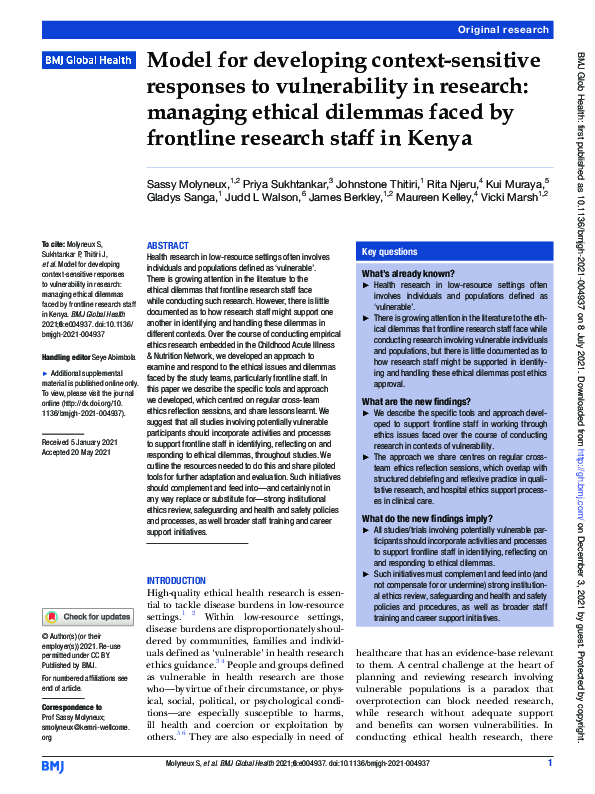 (PDF) Model for developing context-sensitive responses to vulnerability in research: managing ...