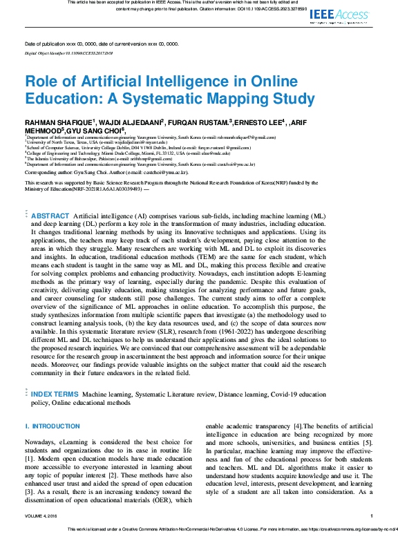 (PDF) Role of Artificial Intelligence in Online Education: A Systematic Mapping Study