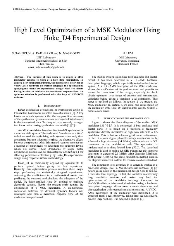 (PDF) High level optimization of a MSK modulator using Hoke_D4 experimental design