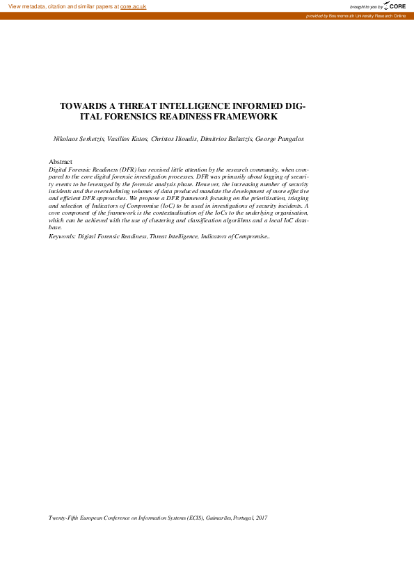 (PDF) Towards a Threat Intelligence Informed Digital Forensics Readiness Framework