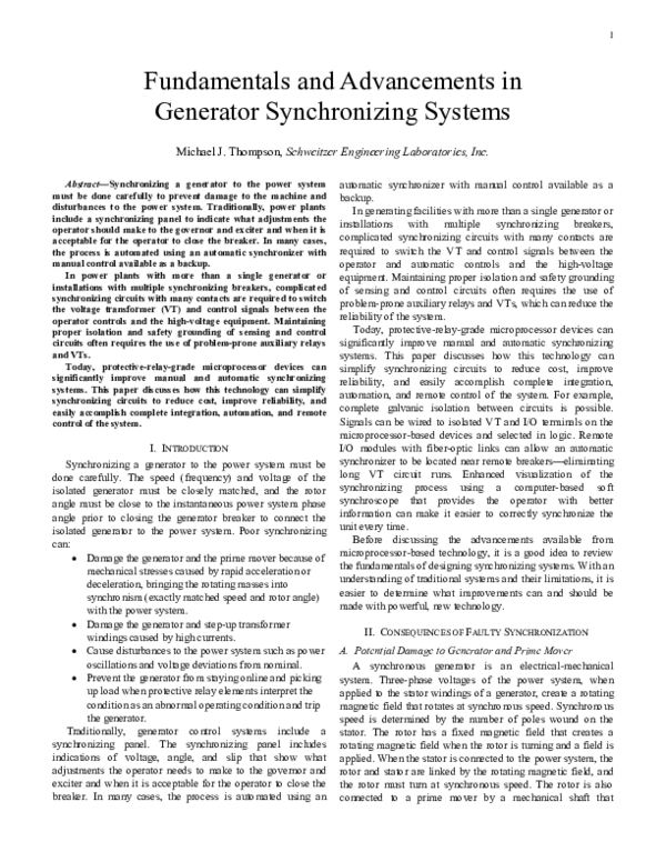 (PDF) Fundamentals and advancements in generator synchronizing systems