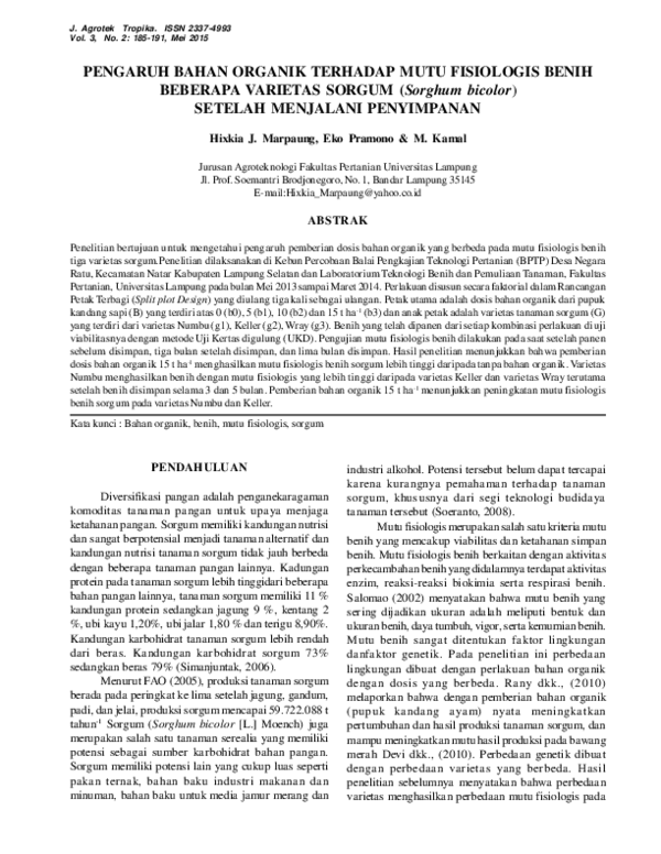 (PDF) PENGARUH BAHAN ORGANIK TERHADAP MUTU FISIOLOGIS BENIH BEBERAPA VARIETAS SORGUM (Sorghum ...