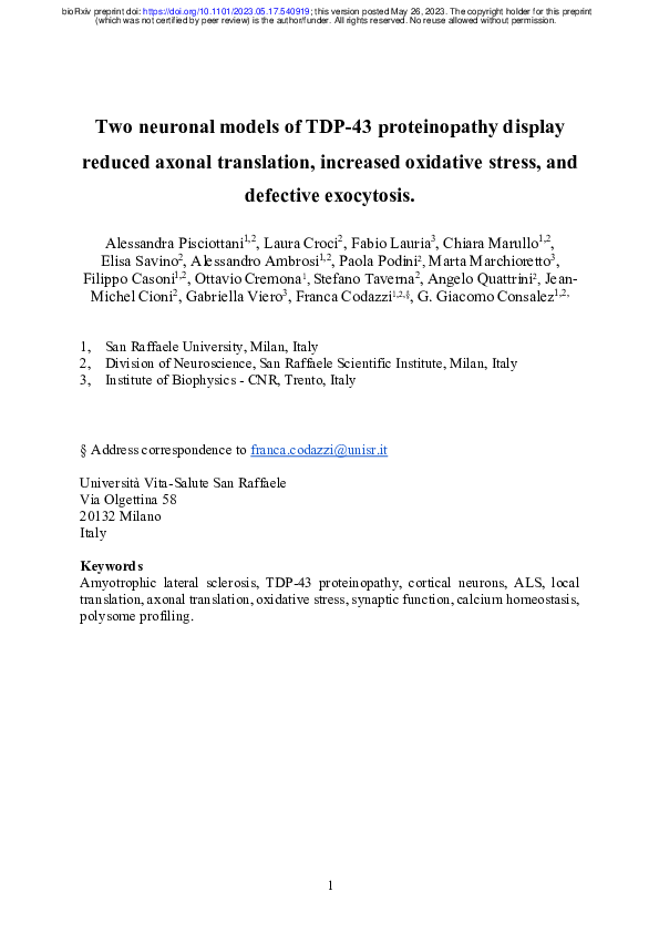 (PDF) Two neuronal models of TDP-43 proteinopathy display reduced ...