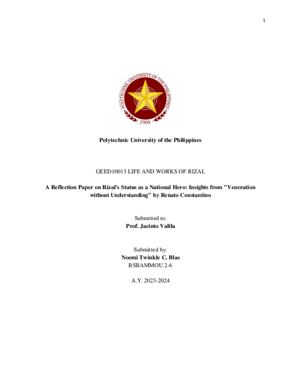 (PDF) A Reflection Paper on Rizal's Status as a National Hero: Insights ...