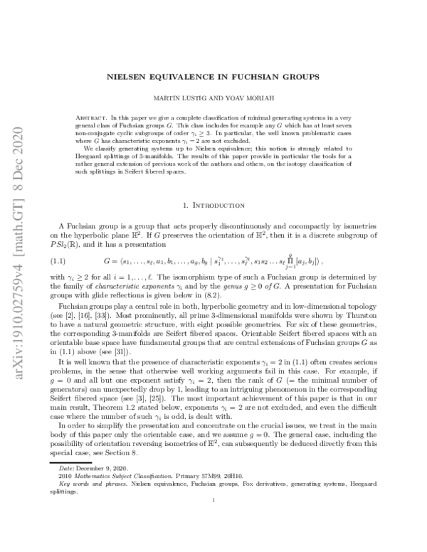 (PDF) Nielsen Equivalence in Fuchsian groups with 2-torsion
