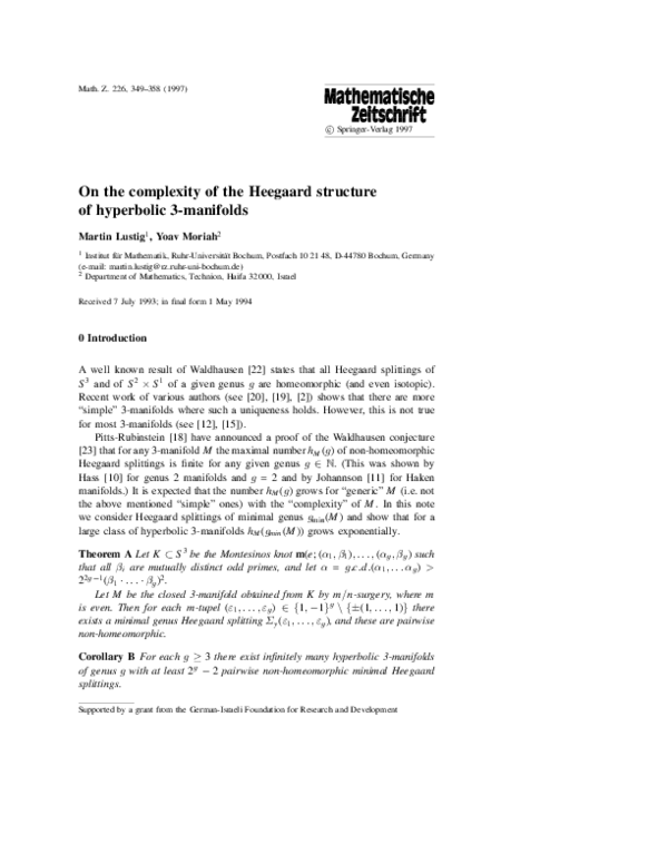 (PDF) On the complexity of the Heegaard structure of hyperbolic 3-manifolds