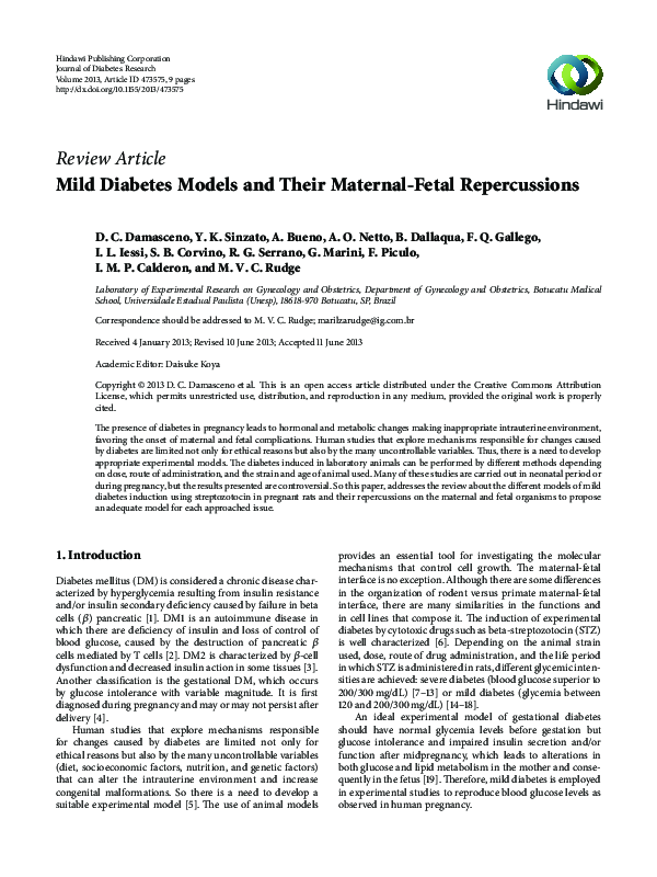 (PDF) Mild Diabetes Models and Their Maternal-Fetal Repercussions