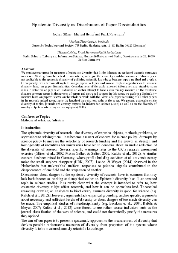 (PDF) Epistemic Diversity as Distribution of Paper Dissimilarities