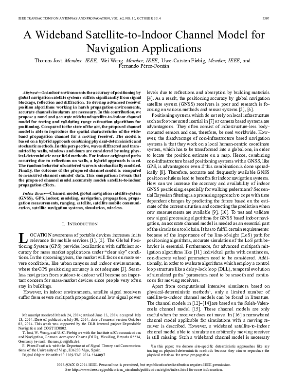(PDF) A Wideband Satellite-to-Indoor Channel Model for Navigation Applications | Fernando Perez ...