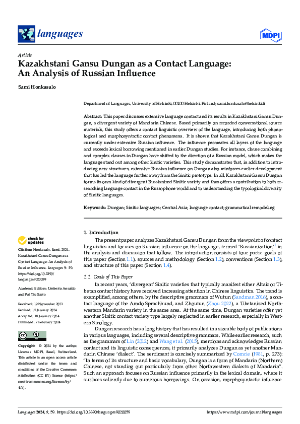 (PDF) Kazakhstani Gansu Dungan as a Contact Language: An Analysis of ...