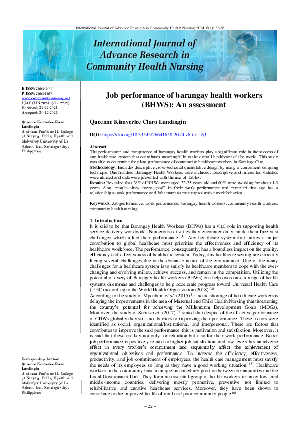 (PDF) Job performance of barangay health workers (BHWS): An assessment
