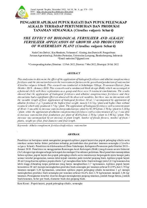 (PDF) PENGARUH APLIKASI PUPUK HAYATI DAN PUPUK PELENGKAP ALKALIS TERHADAP PERTUMBUHAN DAN ...