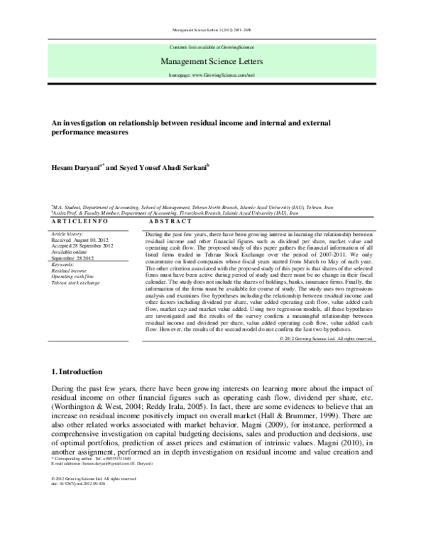 (PDF) An investigation on relationship between residual income and ...