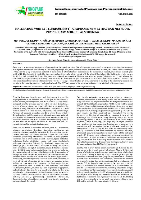 (PDF) MACERATION-VORTEX-TECHNIQUE (MVT), A RAPID AND NEW EXTRACTION ...