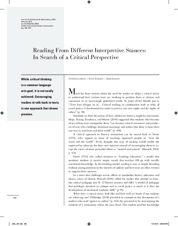 (PDF) Reading From Different Interpretive Stances: In Search of a ...