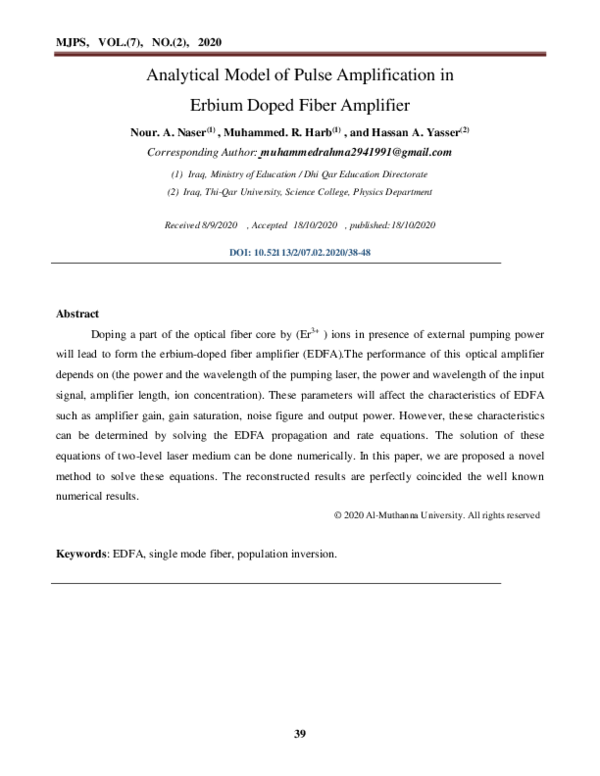 (PDF) Analytical Model of Pulse Amplification in Erbium Doped Fiber ...