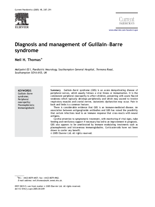 (PDF) Diagnosis and management of Guillain–Barré syndrome