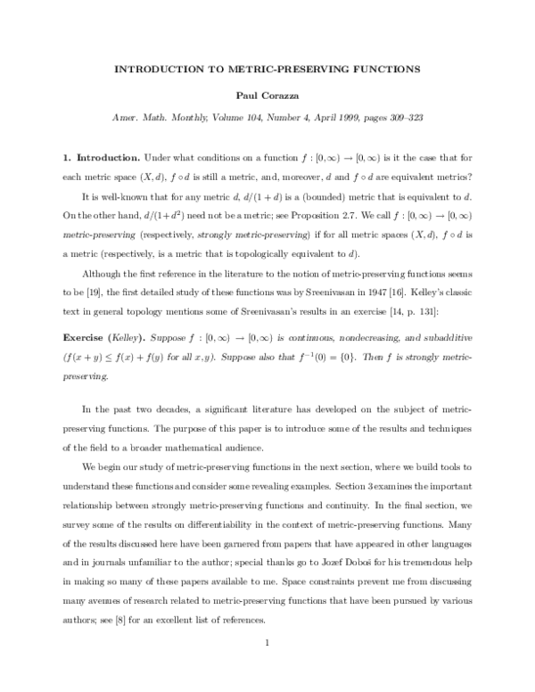 (PDF) Introduction to Metric-Preserving Functions | Paul Corazza - Academia.edu