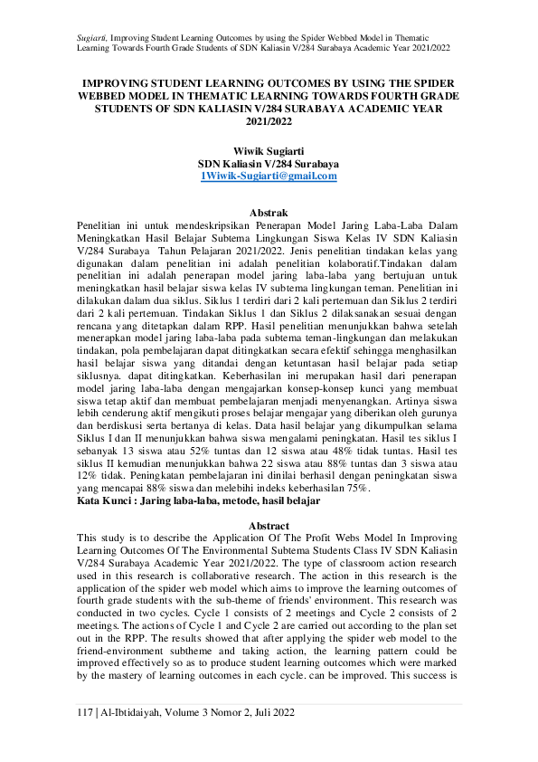 (PDF) Improving Student Learning Outcomes by Using the Spider Webbed Model in Thematic Learning ...