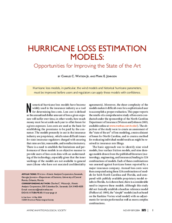 (PDF) Hurricane Loss Estimation Models: Opportunities for Improving the ...