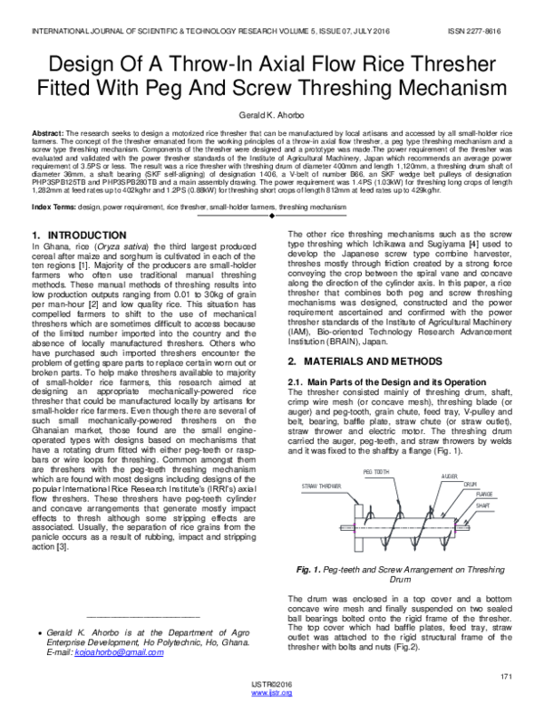 (PDF) Design Of A Throw-In Axial Flow Rice Thresher Fitted With Peg And ...