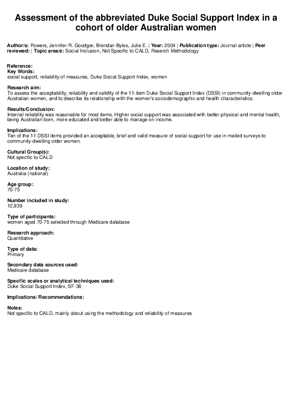 (PDF) Assessment of the abbreviated Duke Social Support Index in a ...