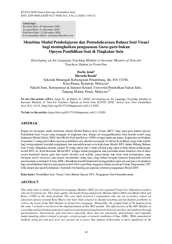 (PDF) Developing an Art Language Teaching Module to Increase Mastery of ...