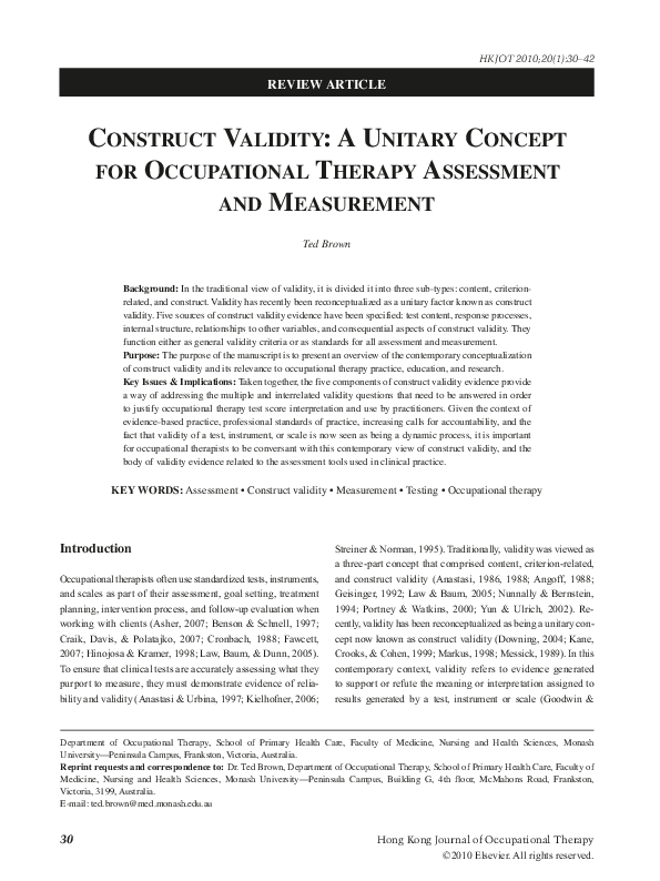 (PDF) Construct validity: A unitary concept for occupational therapy assessment and measurement