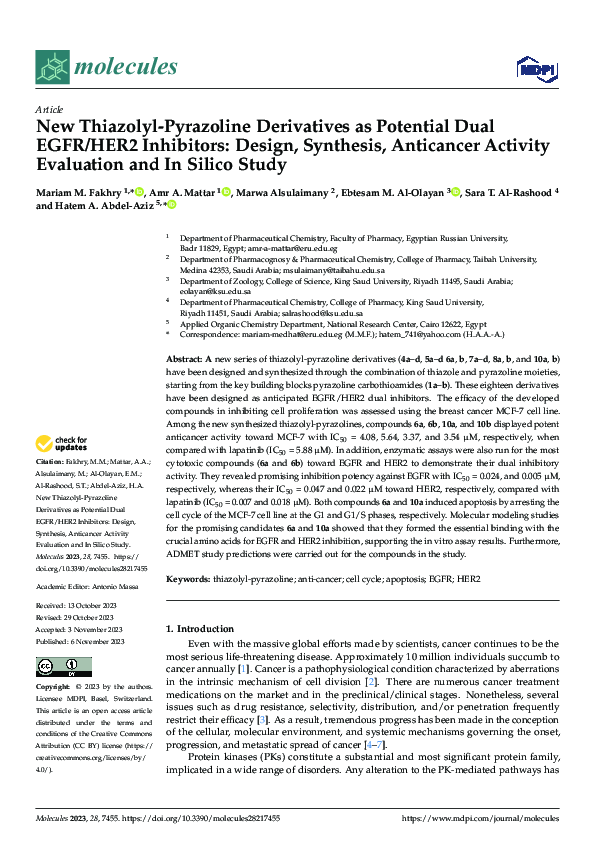 (PDF) New Thiazolyl-Pyrazoline Derivatives as Potential Dual EGFR/HER2 Inhibitors: Design ...