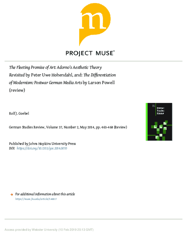 (PDF) The Fleeting Promise of Art: Adorno’s Aesthetic Theory Revisited ...