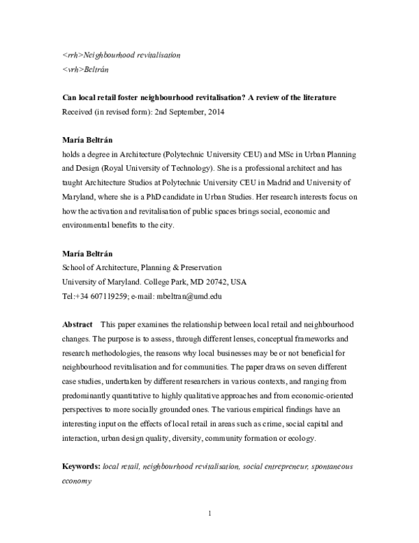 (PDF) Can local retail foster neighbourhood revitalisation? A review of ...