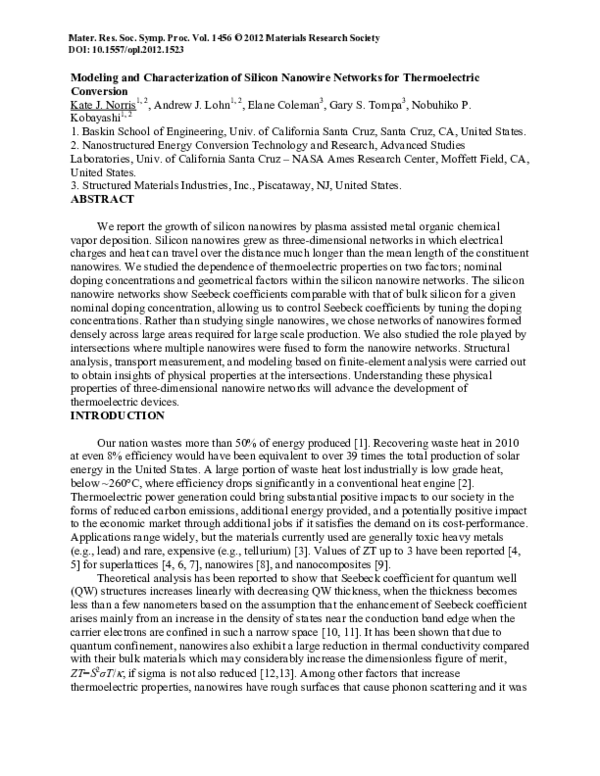 Pdf Modeling And Characterization Of Silicon Nanowire Networks For
