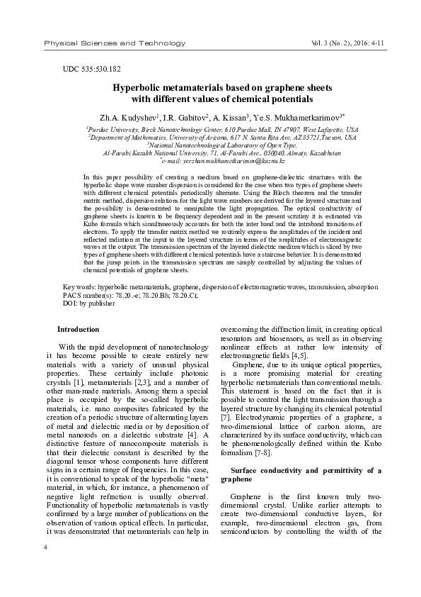 (PDF) Hyperbolic metamaterials based on graphene sheets with different values of chemical ...