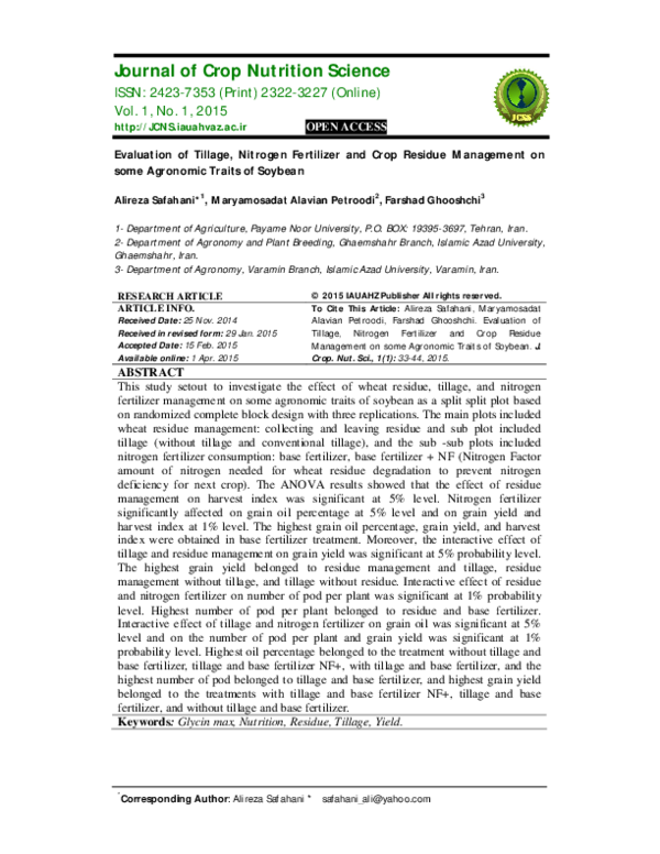 (PDF) Evaluation of Tillage, Nitrogen Fertilizer and Crop Residue Management on some Agronomic ...