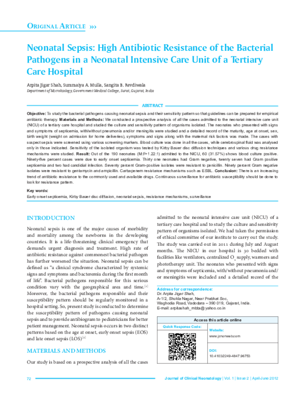 (PDF) Neonatal sepsis: high antibiotic resistance of the bacterial ...