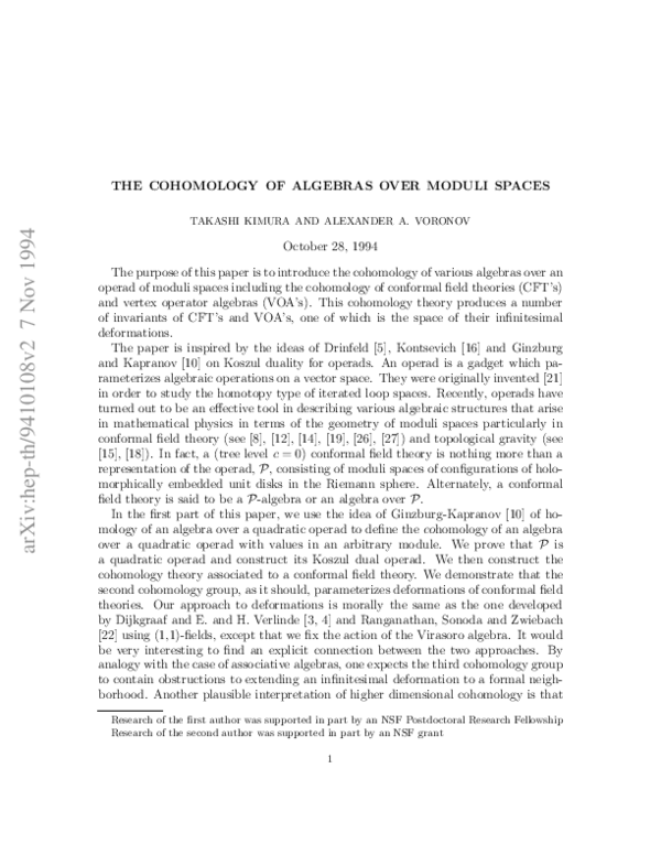 Pdf The Cohomology Of Algebras Over Moduli Spaces