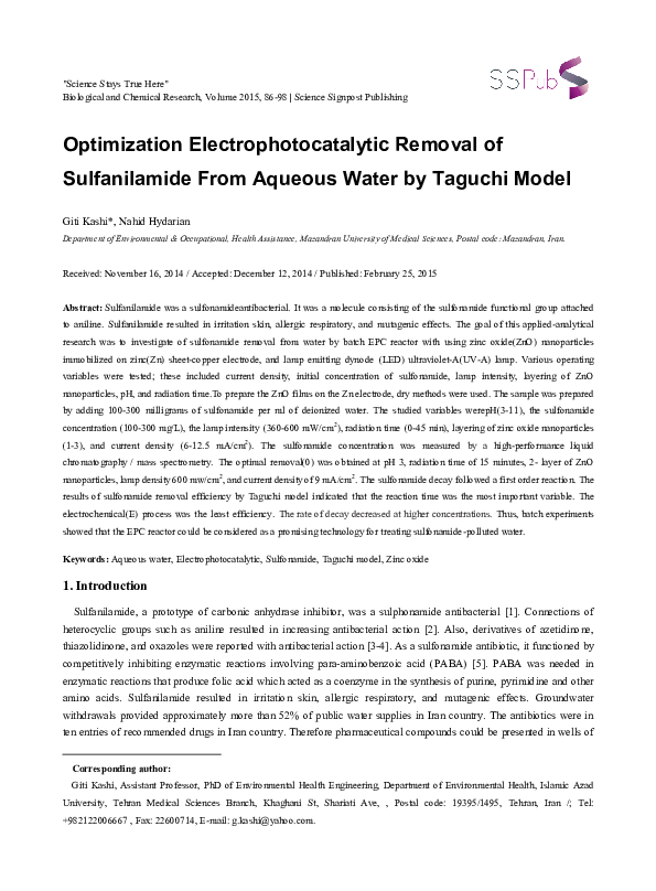 (PDF) Optimization Electrophotocatalytic Removal of Sulfanilamide From ...
