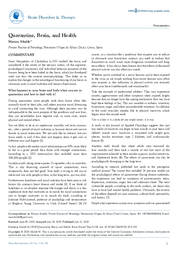 (PDF) Quarantine, Brain, and Health