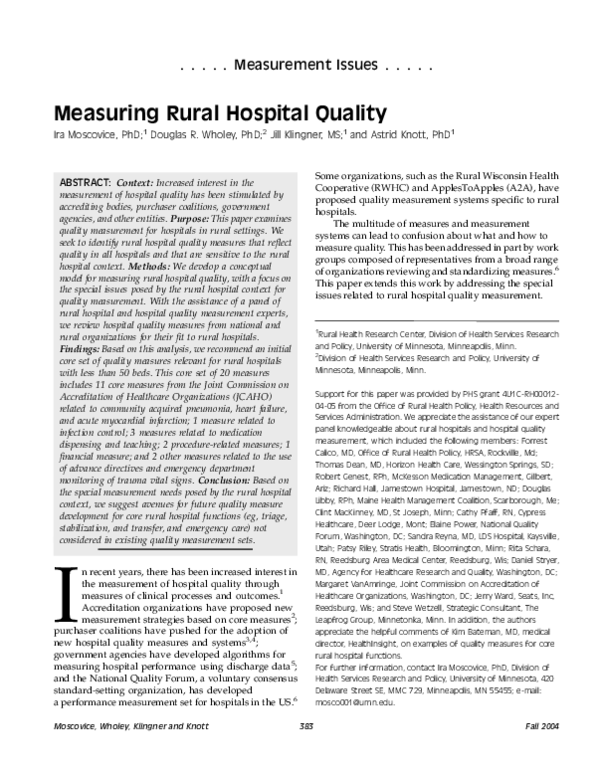 (PDF) Measuring Rural Hospital Quality | Jill Klingner - Academia.edu