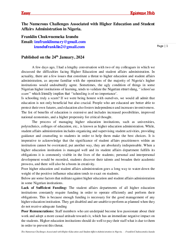 (PDF) The Numerous Challenges Associated with Higher Education and ...