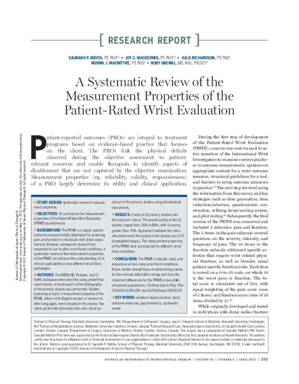 (PDF) Measurement Properties of the Patient-Rated Wrist Evaluation