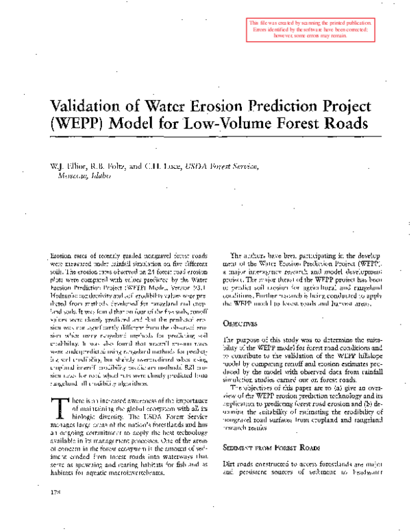 (PDF) Validation of Water Erosion Prediction Project (Wepp) Model for Low-Volume Forest Roads