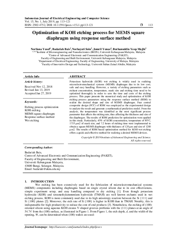 Pdf Optimizing Koh Etching For Mems Diaphragms