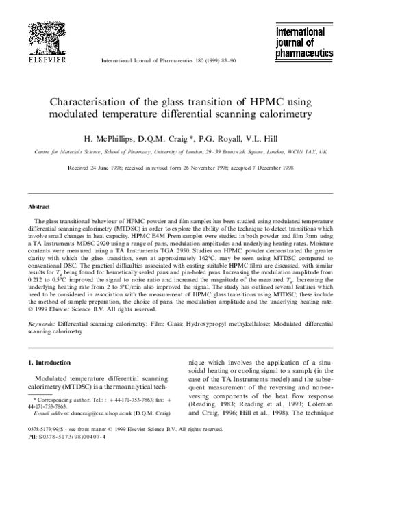 (PDF) Characterisation of the glass transition of HPMC using modulated ...