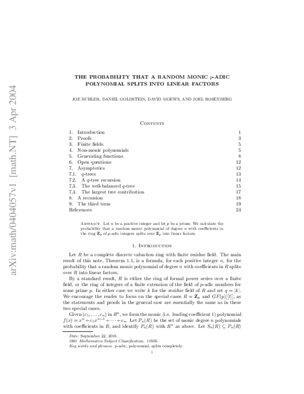 (PDF) The probability that a random monic p-adic polynomial splits into linear factors | Joe ...