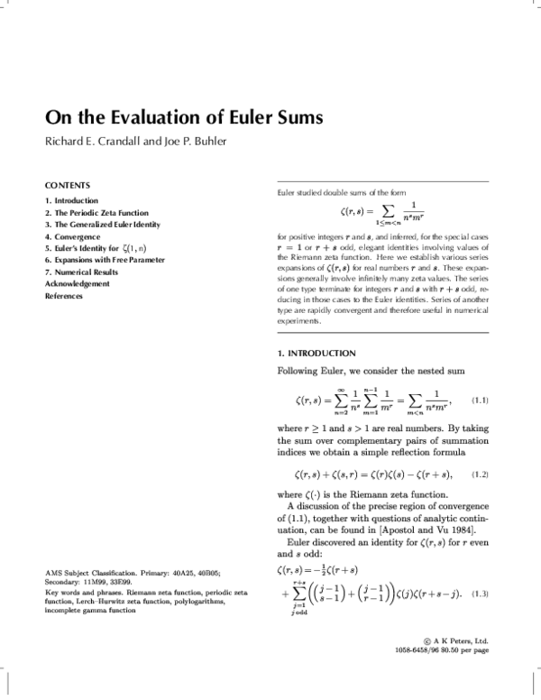 (PDF) On the Evaluation of Euler Sums