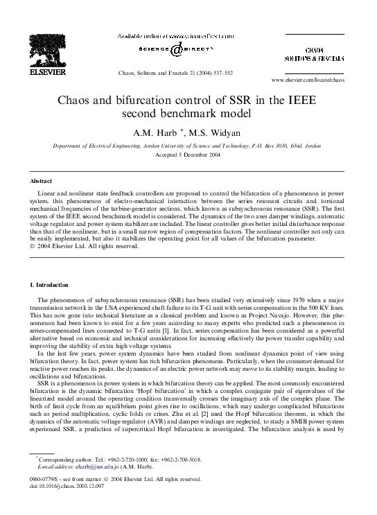 (PDF) Chaos and bifurcation control of SSR in the IEEE second benchmark ...